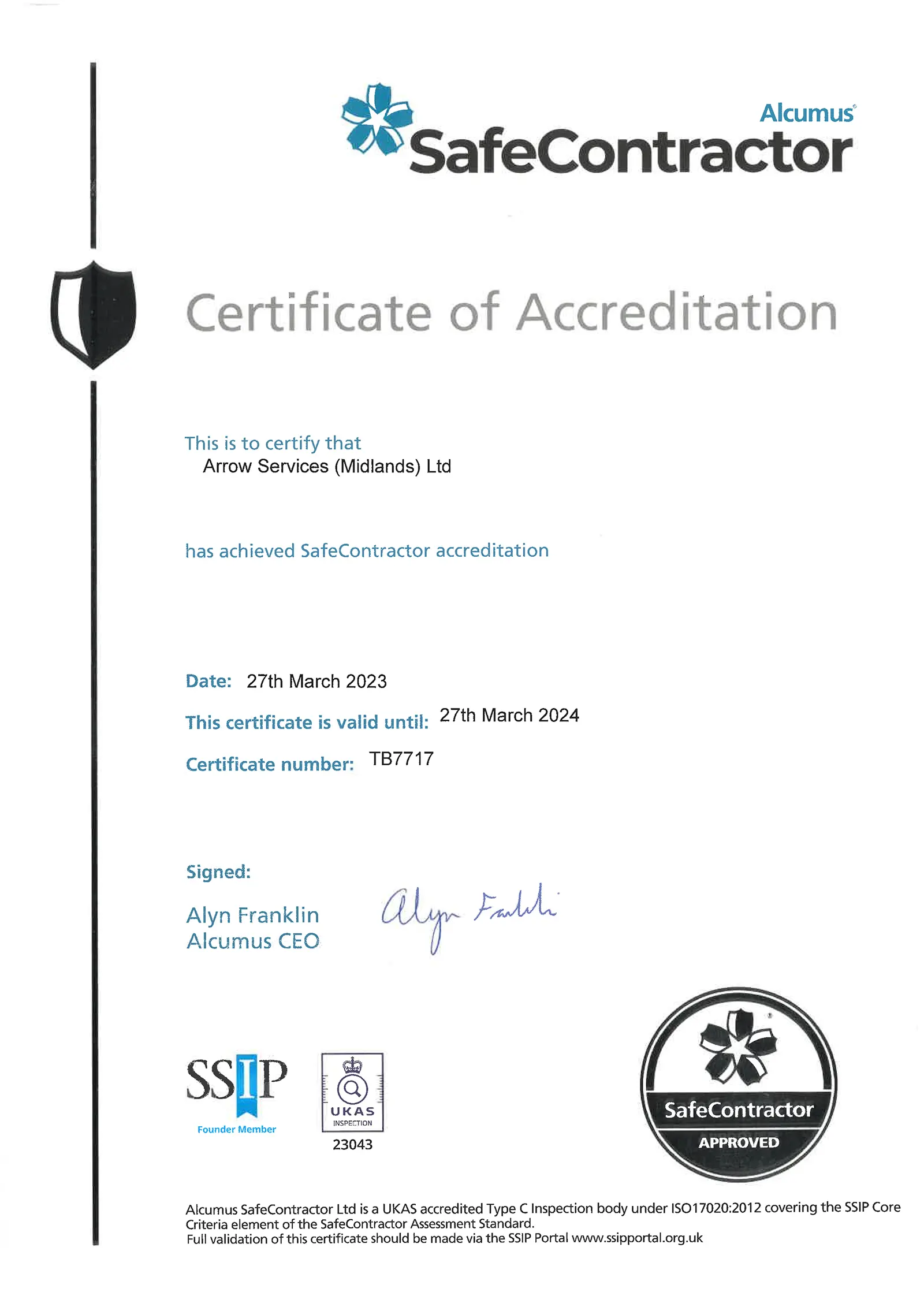 SafeContractor Accreditation Successfully Retained! - Arrow Services UK